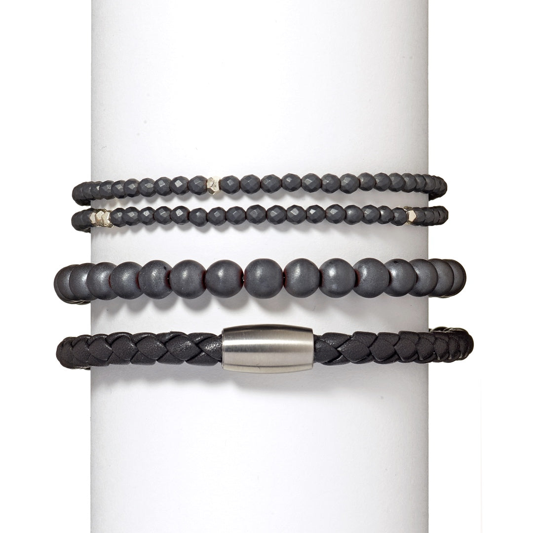 Grey Gemstone Bead and Leather Men's Bracelet Stack | Jan Leslie